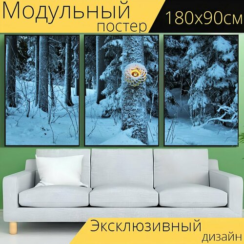Модульный постер "В лесу, холодная, снежный" 180 x 90 см. для интерьера