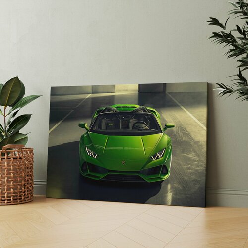 Картина на холсте "Зеленый спортивный автомобиль, припаркованный в гараже" 30x40 см. Интерьерная, на стену.