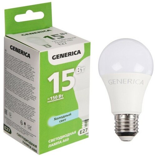 Лампа светодиодная GENERICA A60, 15 Вт, груша, 6500 К, E27, 230 В, LL-A60-15-230-65-E27-G