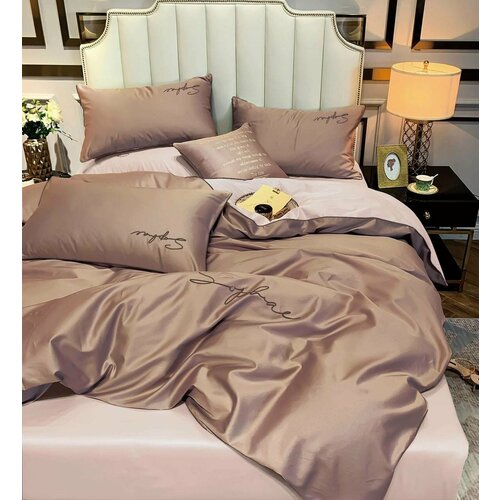 Комплект постельного белья 2 спальный Winni Хлопок/Жатка простыня на резинке, Бежевый/светло-розовый
