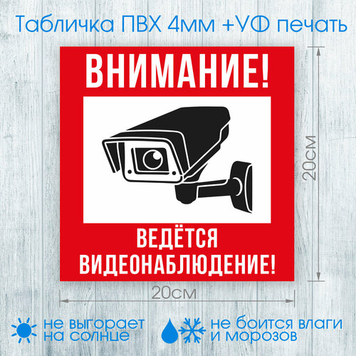 Табличка "Ведётся видеонаблюдение" №002 20х20см (пластик ПВХ, УФ печать, скотч)