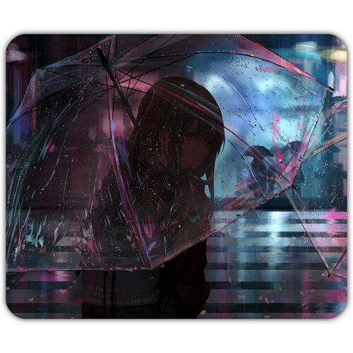 Коврик для мыши "Фиолетовый аниме арт с одинокой девушкой с зонтом под дождём" (24 x 20 см x 3 мм)
