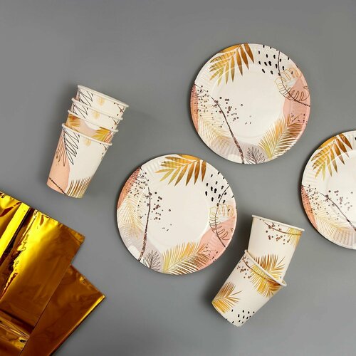 Набор бумажной посуды "Золотой узор! Природа": 6 тарелок, 6 стаканов, скатерть