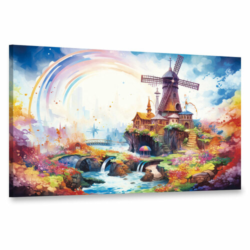Интерьерная картина 100х60 "Пейзаж с ветряной мельницей"