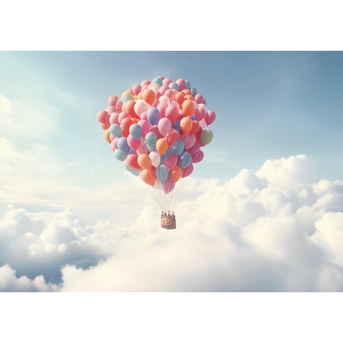 Постер - "Воздушные шары летят к облакам"на холсте/ А3 / в тубусе без рамы