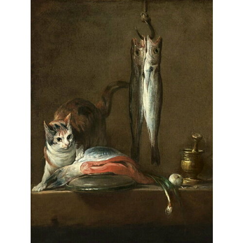 Плакат, постер на бумаге Жан Батист Симеон Шарден-Натюрморт с кошкой на столе и рыбой/искусство/арт/абстракция/творчество. Размер 21 х 30 см