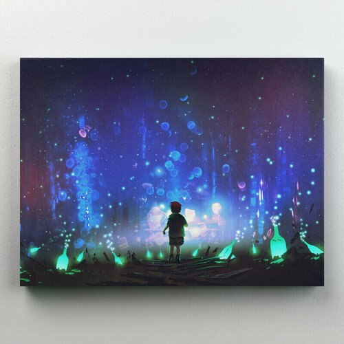 Интерьерная картина на холсте "Маленький ребенок в зачарованном, светящимся лесу" размер 60x45 см