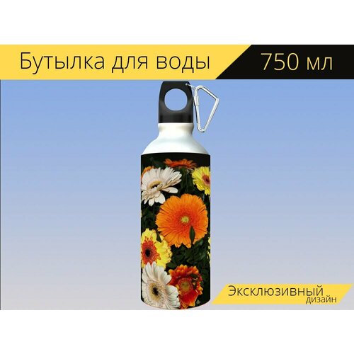 Бутылка фляга для воды "Осенние цветы, гербера, букет цветов" 750 мл. с карабином и принтом