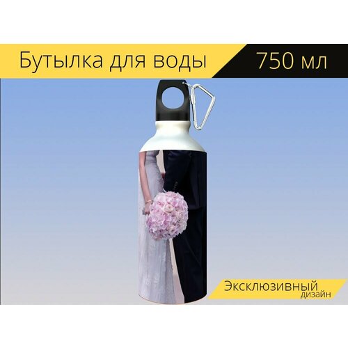 Бутылка фляга для воды "Свадьба, свадебный букет, букет невесты" 750 мл. с карабином и принтом