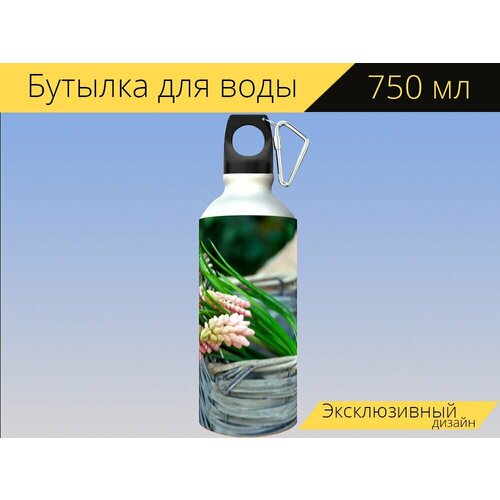 Бутылка фляга для воды "Цветок, корзина, весна" 750 мл. с карабином и принтом