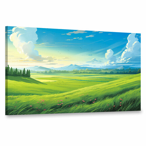Интерьерная картина 100х60 "Пейзаж с полем и солнцем"