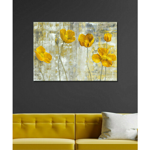 Картина на холсте для интерьера - "Золотые цветы, горизонтальная 1 60х80"