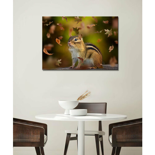 Картина - Бурундук, бурундучок, полосатый бурундук в листве, забавный бурундук (39) 50х70