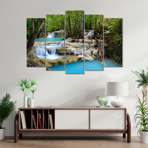 Модульная картина/Модульная картина на холсте/Модульная картина в подарок/ Лесной водопад - Forest Waterfall125х85