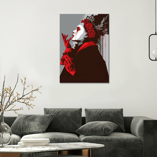 Интерьерная картина на холсте - Девушка розы в волосах красно-серый арт 50х70