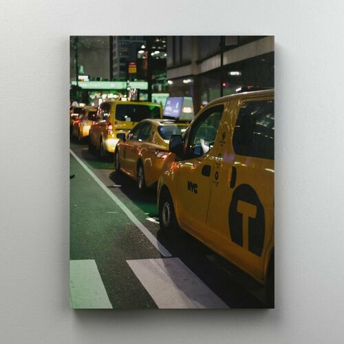 Интерьерная картина на холсте "Блестящие желтые машины такси на стоянке на улице ночью" размер 45x60 см