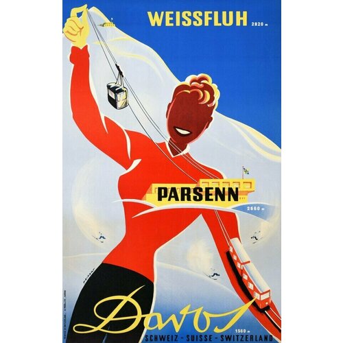 Плакат, постер на бумаге Skiing-Davos/Горные лыжи-Давос. Размер 21 на 30 см