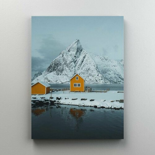 Интерьерная картина на холсте "Пейзаж - рыбацкие скандинавские домики" размер 22x30 см