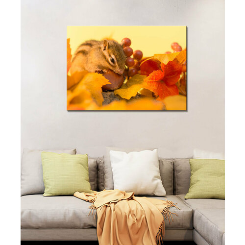 Картина - Бурундук, бурундучок, полосатый бурундук с орехом, бурундук в осенних листьях (22) 40х60