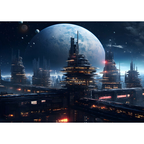Постер - "Футуристический город с космическими станциями в стиле пиксель арт"на фотобумаге / А3 / в тубусе без рамы