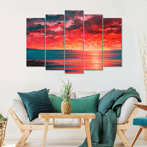 Модульная картина/Модульная картина на холсте/Модульная картина в подарок/красочный нарисованный закат - COLORFUL painted sunset 150х100