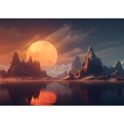 Постер - "Пейзаж с горами и луной в стиле фантастики"на плотной бумаге / А3 / в тубусе без рамы
