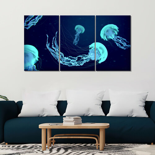Модульная картина/Модульная картина на холсте/Модульная картина в спальню/Модульная картина в подарок - Сияющие неоновые медузы 90х50