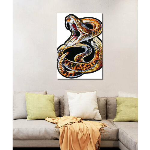 Картина - змея, коричневая змея, арт, минимализм, на белом фоне, змея атакует (125) 20х30