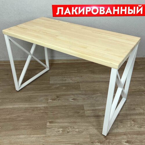 Стол кухонный Loft с лакированной столешницей из массива сосны 40 мм и белыми металлическими крестообразными ножками, 130х70х75 см