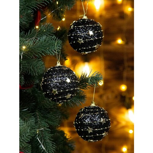 Новогодние шары на елку 10см 3шт "Черные звезды"