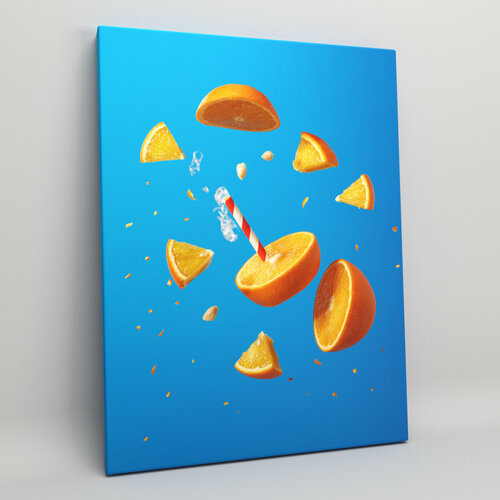 Картина на холсте (интерьерный постер) "Сочный апельсин" для кухни, кафе и ресторанов, с деревянным подрамником, размер 30x40 см