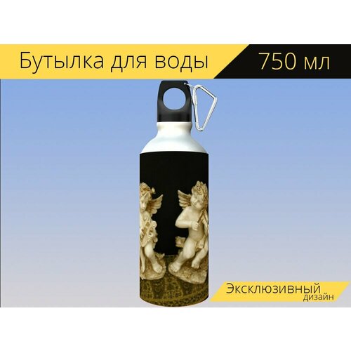 Бутылка фляга для воды "Ангел, маленькие ангелы, статуэтки" 750 мл. с карабином и принтом