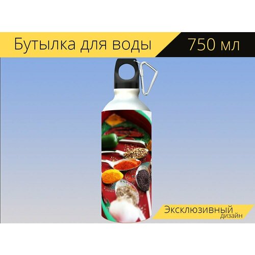 Бутылка фляга для воды "Пряность, ложка, специи" 750 мл. с карабином и принтом