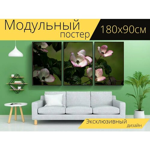 Модульный постер "Кизил, цветы, листья" 180 x 90 см. для интерьера