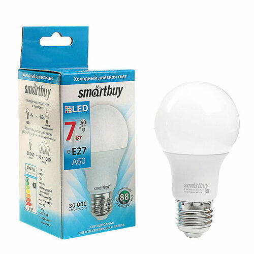 Лампа светодиодная Smartbuy, E27, А60, 7 Вт, 6000 К, холодный белый свет (комплект из 14 шт)