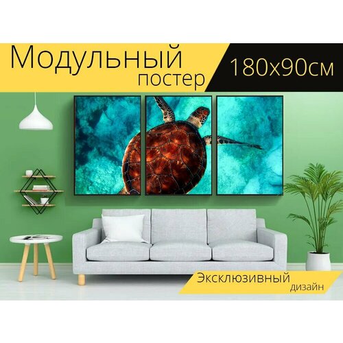 Модульный постер "Море, черепаха, дайвинг" 180 x 90 см. для интерьера