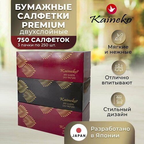 Салфетки бумажные в коробке Kaineko Premium 750 шт, 2-х слойные, 3 пачки по 250шт