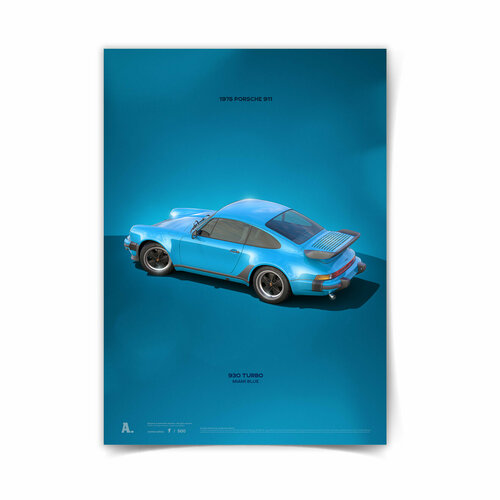 Плакат Porsche 930 Turbo Miami Blue 50х70 см / постер на стену