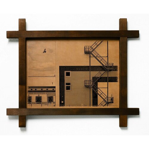 Картина "Здание", интерьерная для украшения и декора на стену кухни гостиной детской комнаты спальни в деревянной рамке, подарок, натуральная кожа, BoomGift