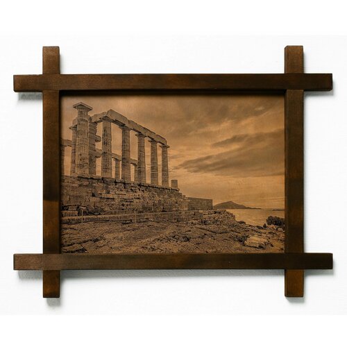 Картина Храм Посейдона на мысе Сунион, Греция, гравировка на натуральной коже в деревянной раме, подарок, BoomGift