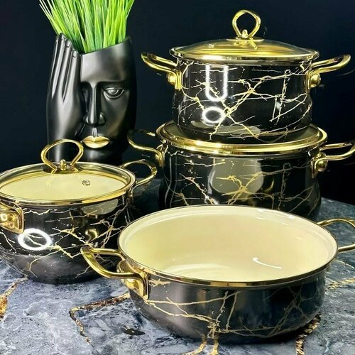 Набор эмалированной посуды из 7 предметов черный мрамор 776-055 118-776-055