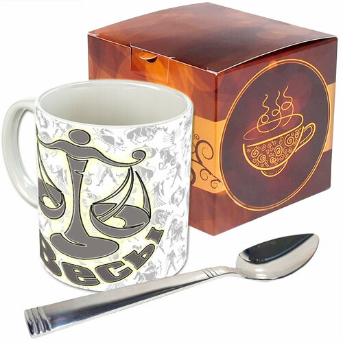 Кружка с ложкой в подарочной коробке "Весы", классическая, для чая и кофе, керамика, 330 мл