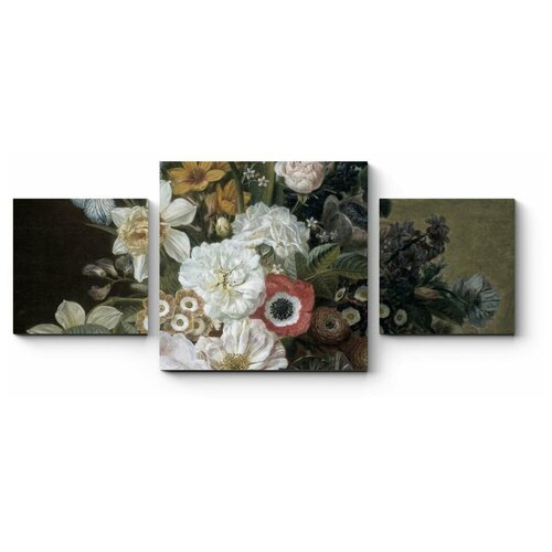 Модульная картина Пышный букет из роз, тюльпанов и ирисов 90x39