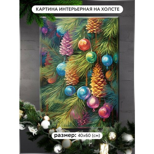 Картина интерьерная на холсте новогодние игрушки на ёлке (абстракция, праздник, рождество, ель) - 12692 В 60x40