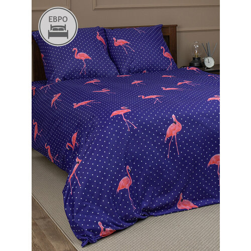 Постельное белье Amore Mio серия Макосатин Flamingo, евро комплект, микрофибра, темно-синий, розовый, с принтом птицы
