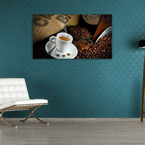 Картина на холсте 60x110 LinxOne "Кружка дымок кофе зёрна блюдце" интерьерная для дома / на стену / на кухню / с подрамником