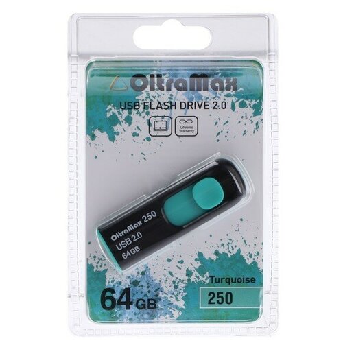 Флешка OltraMax 250, 64 Гб, USB2.0, чт до 15 Мб/с, зап до 8 Мб/с, бирюзовая