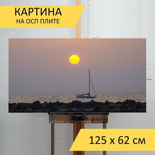 Картина на ОСП 125х62 см. "Заход солнца, средиземное море, тель авив" горизонтальная, для интерьера, с креплениями