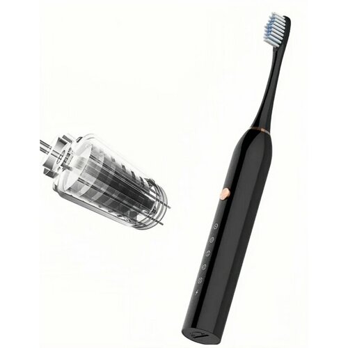 Электрическая ультразвуковая зубная щетка c 2 сменными насадками и 6 режимами работы, черный