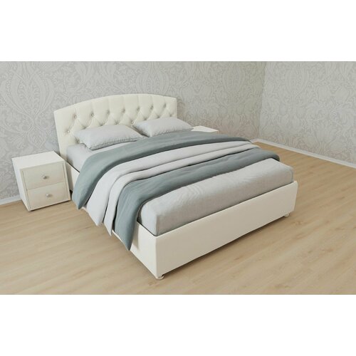 Двуспальная кровать Берлин с матрасом 160x200 основание металлическое с ламелями велюр белый ножки 13 см хром